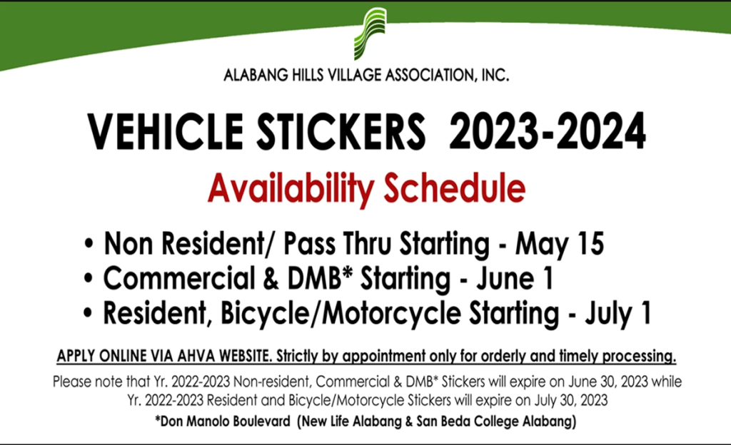 Alabang Hills Village 2023-2024 Vehicular Sticker Program in effect ...