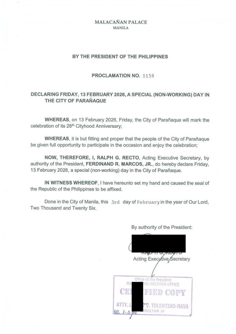 Malacañang Declares February 13 A Special Non-Working Day In Parañaque ...